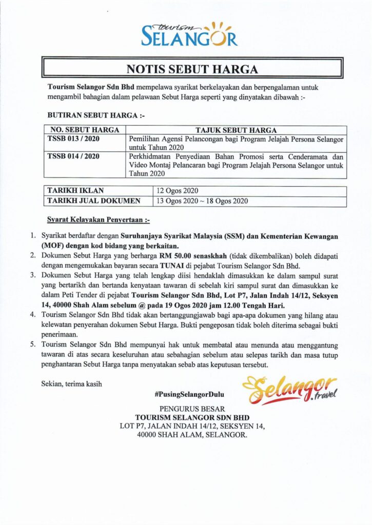 [CLOSED] Tender Notice : TSSB 013, 014 / 2020 - Tourism Selangor