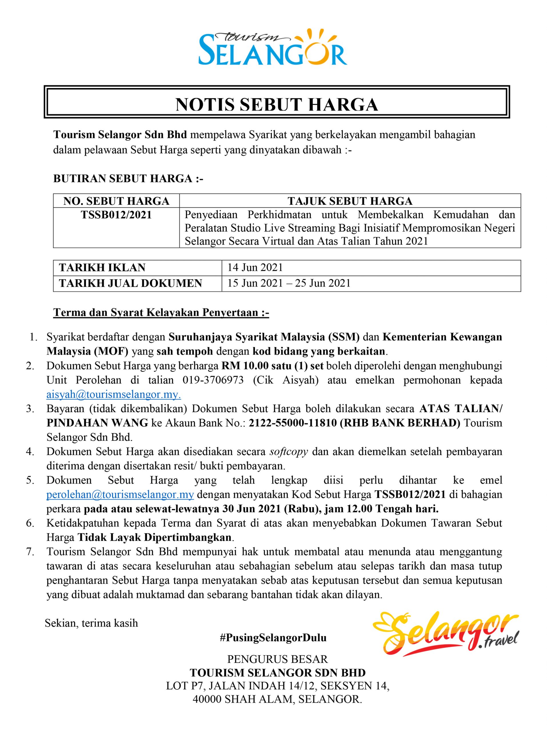 [CLOSED] Tender Notice : TSSB 012 / 2021 - Tourism Selangor