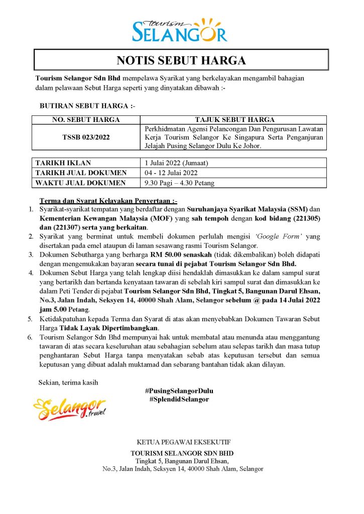 [CLOSED] Tender Notice: TSSB 023 / 2022 - Tourism Selangor