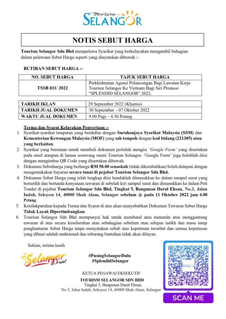 [CLOSED] Tender Notice: TSSB 031 / 2022 - Tourism Selangor