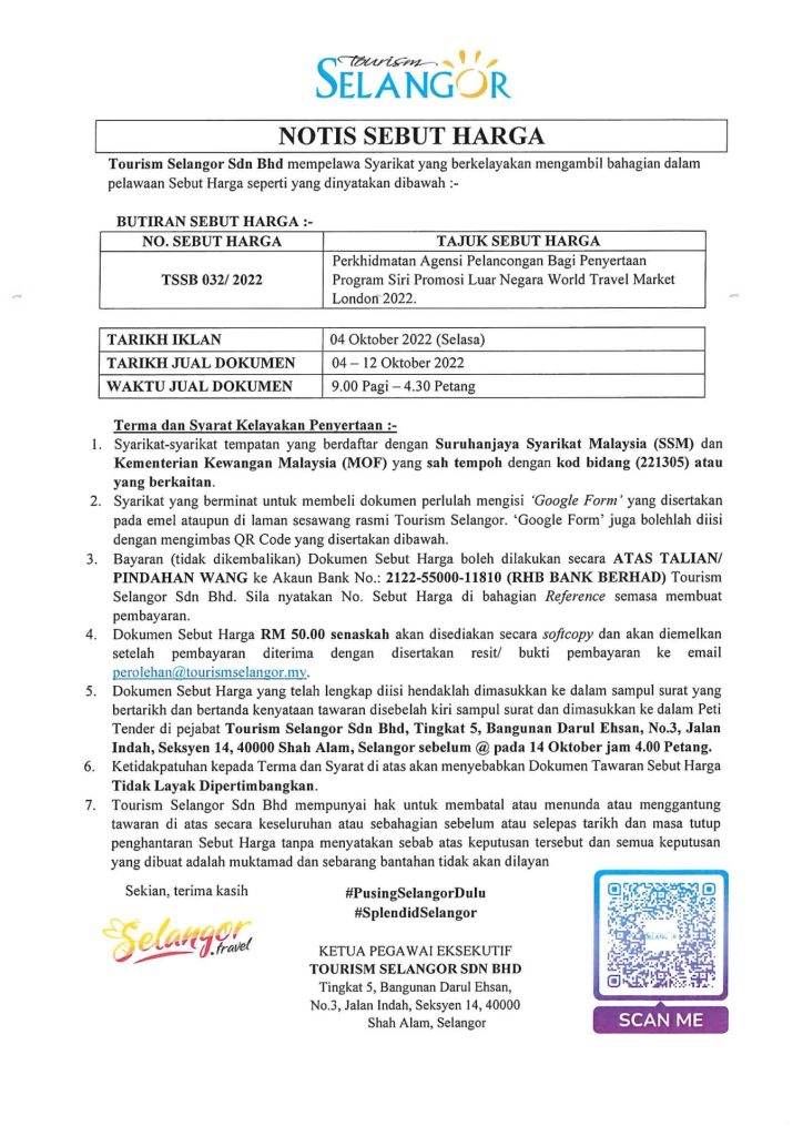 [CLOSED] Tender Notice: TSSB 032 / 2022 - Tourism Selangor