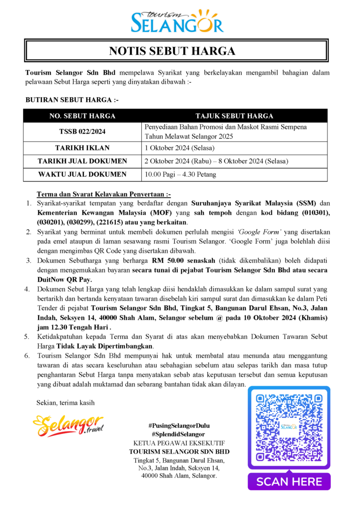 [CLOSED] Tender Notice: TSSB 022 / 2024 - Tourism Selangor